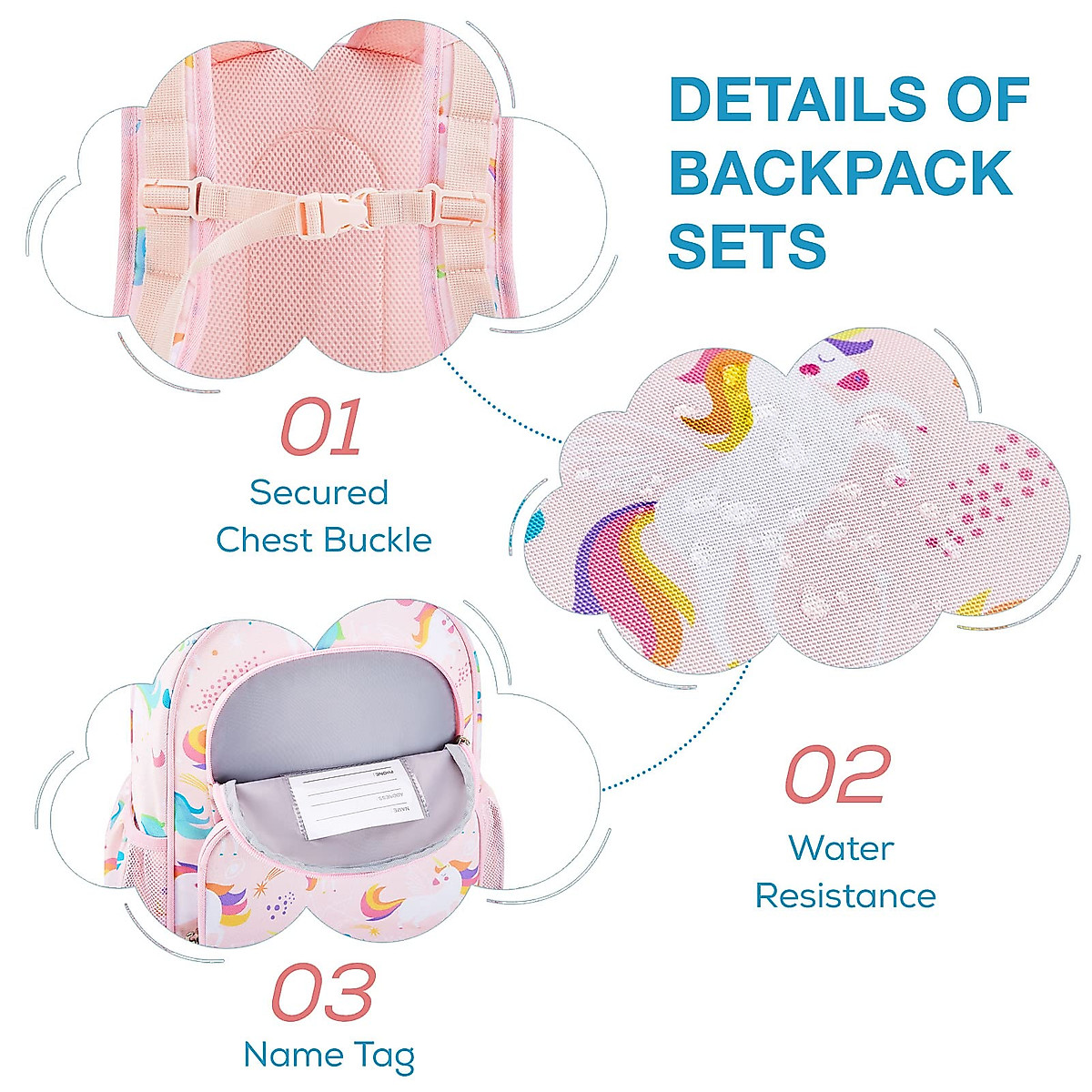 mommore Kids Backpack Set, Unicorn Backpack for Girls Lightweight Elementary Bookbag for Students School Backpack for Children with Chest Strap Water Resistant, 3pcs pink
