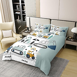 Erosebridal Pure Cotton Construction Comforter Duvet Cover,Cartoon Excavator Vehicle Bedding Queen,Reversible Tractor Bedding Toddler Bedding Boys Comfy Cozy Room Decor,Teal