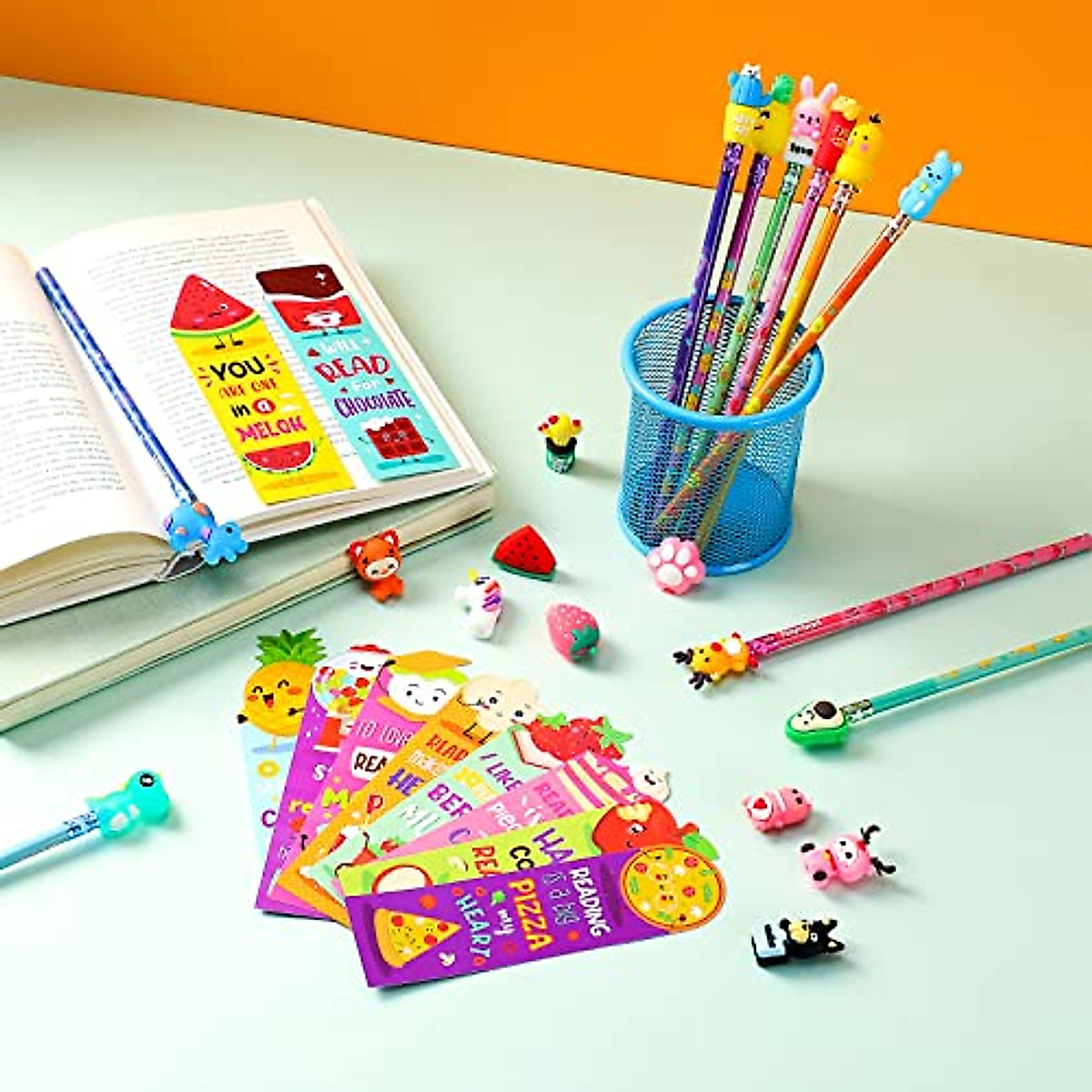 80 Pcs Scented Bookmarks and Scented Pencils with Cute Pencil Toppers Set Fun Pencils Fruit Food Theme Scratch and Sniff Bookmarks Cartoon Pencil Toppers for Kids Students Supplies (Lovely Style)