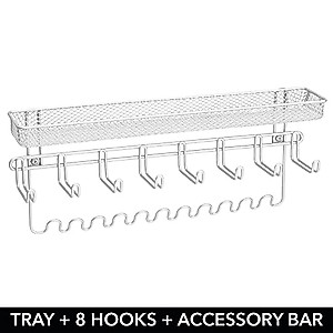 mDesign Steel Wall Mount Closet Jewelry Storage Organizer Rack Holder with 8 Hooks and Basket for Bedroom - Holds Necklaces, Bracelets, Watches, Sunglasses, Purses - Concerto Collection, White
