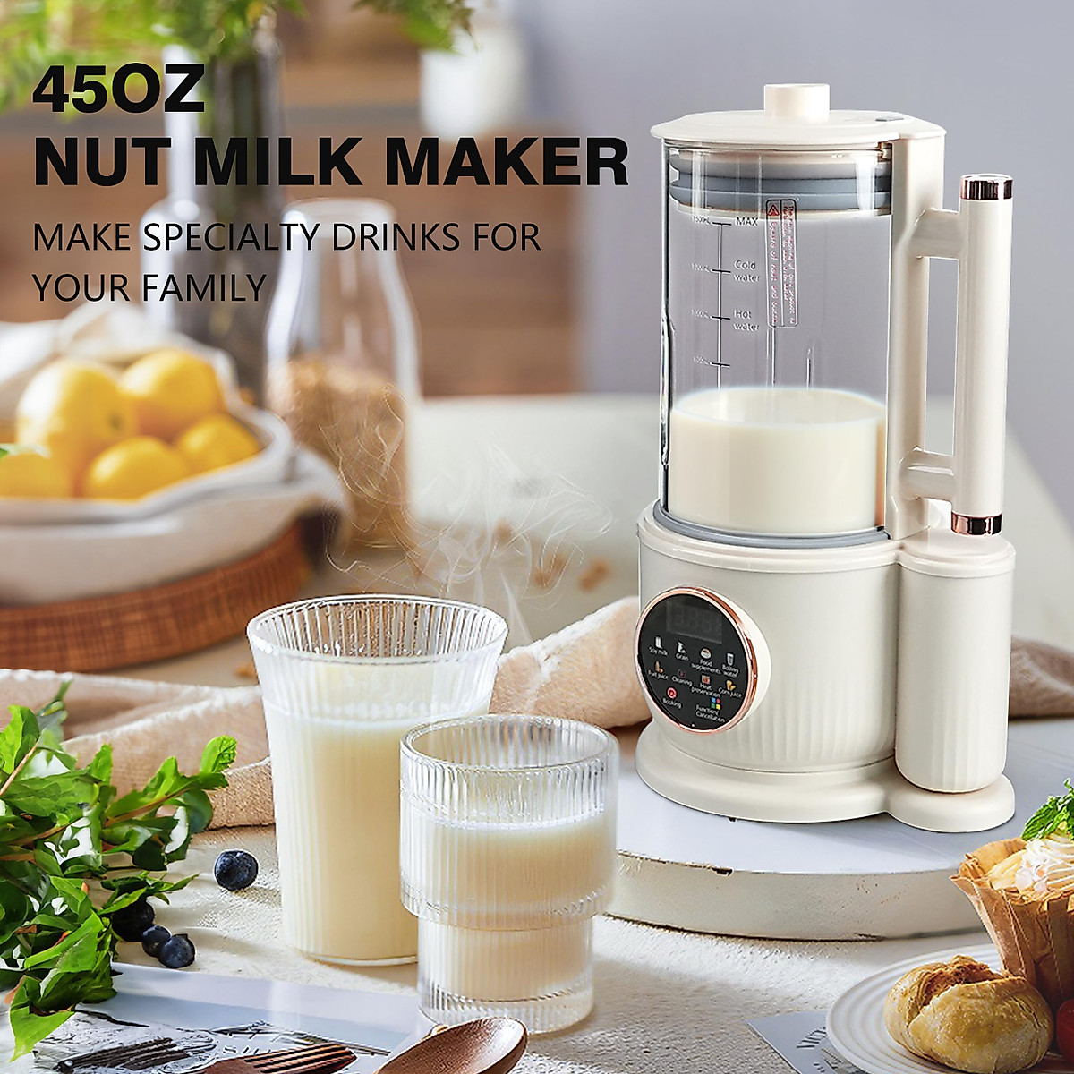 AMERZIS 8 in 1 Nut Milk Maker, 45oz Automatic Soybean Milk Machine for Homemade Almond, Oat, Coconut, Soy, Plant Based Milks and Non Dairy Beverages, with Delay Start/Keep Warm/Boil Water, Cream