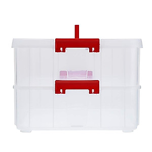 BTSKY 2 Layer Stack & Carry Box, Plastic Multipurpose Portable Storage Container Box Handled Organizer Storage Box for Organizing Stationery, Sewing, Art Craft, Jewelry and Beauty Supplies(Red)