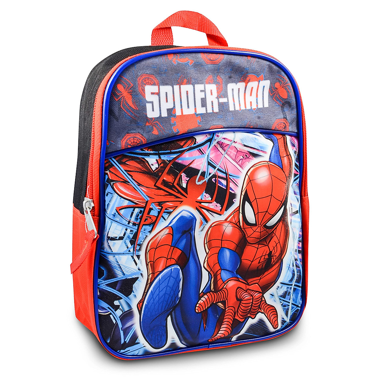 Marvel Spiderman Mini Backpack For Boys, Kids ~ 4 Pc Bundle With 11" Spiderman School Bag For Kids, Water Pouch, Stickers, And More | Spiderman Preschool Supplies