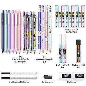 Nicpro 14 PCS Pastel Mechanical Pencil Set in Case, Cute Art Pencils Bulk 0.5 & 0.7 & 0.9 mm & 2mm Graphite Lead Holder, (2B HB Colors) Lead Refills, Erasers For School Drafting Sketching Drawing
