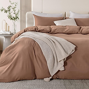 NEXHOME PRO Duvet Cover Set Queen Size Linen Textured Organic Natural 100% Washed Cotton Duvet Cover Mocha Brown 3 Pieces Bedding Set with Zipper Closure, Breathable, Soft (No Comforter)