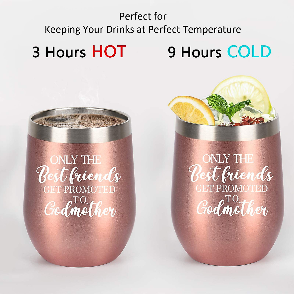 Godmother Gifts, The Best Friends Get Promoted to Godmother Wine Tumbler, Christmas Baby Pregnancy Announcement Gifts for Godmother Friends, 12 Oz Stainless Steel Insulated Tumbler with Lid, Rose Gold