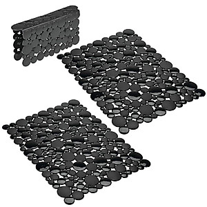 mDesign Decorative Kitchen Plastic Sink Protector Set, Quick Draining - Protect Surfaces and Dishes - Modern Bubble Design - Includes 1 Saddle, 2 Large Mats - Set of 3 - Black
