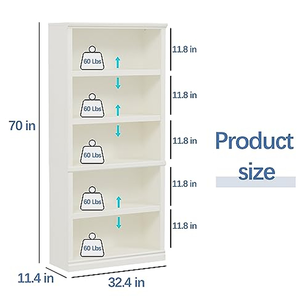 blini 5-Shelf Tall Bookcase White Wooden Bookshelves 33in Wide Floor Standing Display Storage Shelves 70 in Tall Bookcase for Home Office, Living Room, Bed Room