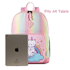 VASCHY Backpack for Little Girls, Cute Rainbow Glitter Lightweight Water Resistant Preschool Backpack Bookbag for Kids,Toddlers Kindergarten School Bag Cat