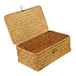 STOBAZA Rattan Storage Box Straw Embroidery Gift Box Simple Woven Basket Iron Lidded Box Rattan Basket