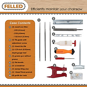 Felled Chainsaw Sharpening Kit in Hard Carrying Case - File Set, Guide, Depth Gauge, Stump Filing Vise, Grease Gun