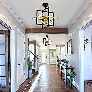 Yasince Small Metal Lantern Chandeliers, 8-Light Modern Geometric Pendant Light Fixture, Industrial Black and Champagne Gold Hanging Chandelier for Living Room Kitchen Island Foyer Hallway Farmhouse