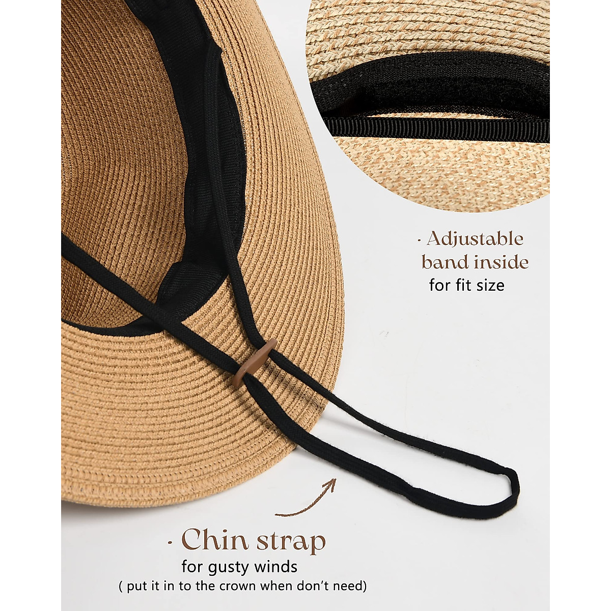 FURTALK Womens Mens Wide Brim Straw Panama Hat Fedora Summer Beach Sun Hat UPF Straw Hat for Women Khaki