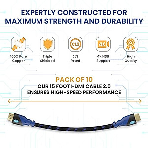 AURUM CABLES Ultra Series High-Speed 4k HDMI Cable with Ethernet for Gaming and TV, 15ft Braided Network Extender HDMI Cord Supports, 3D,1080P, ARC, Compatible with PC Laptops Xbox PS3 PS4 PS5,10 Pack