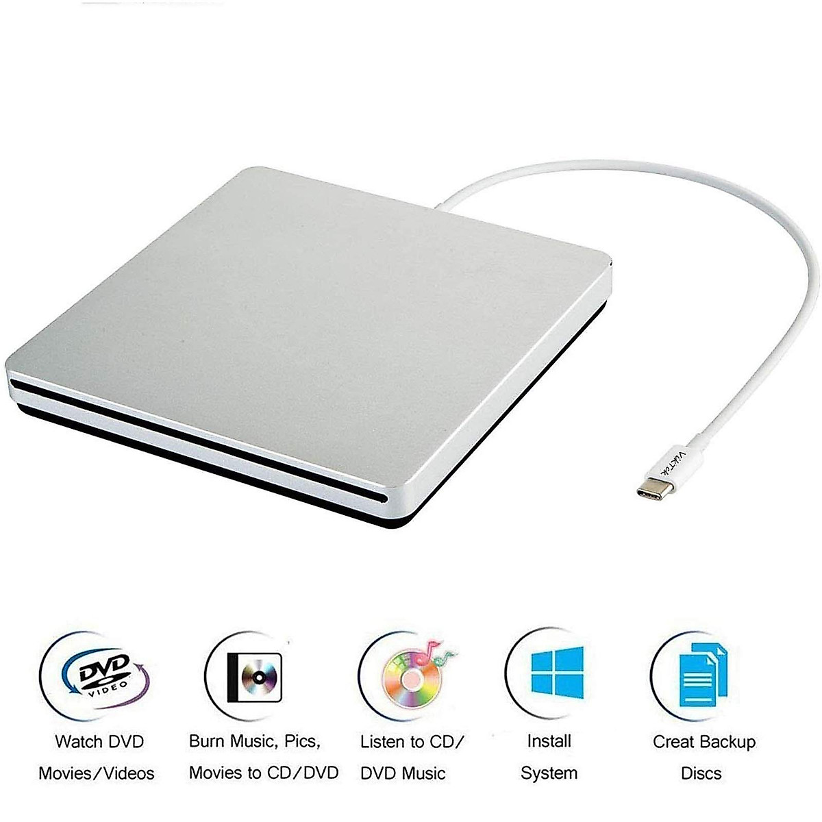 VikTck USB-C Superdrive External DVD/CD Reader and DVD/CD Burner for Apple-MacBook Air/Pro/iMac/Mini/MacBook Pro/ASUS/ASUS/DELL Latitude with USB-C Port Plug and Play(Silver)