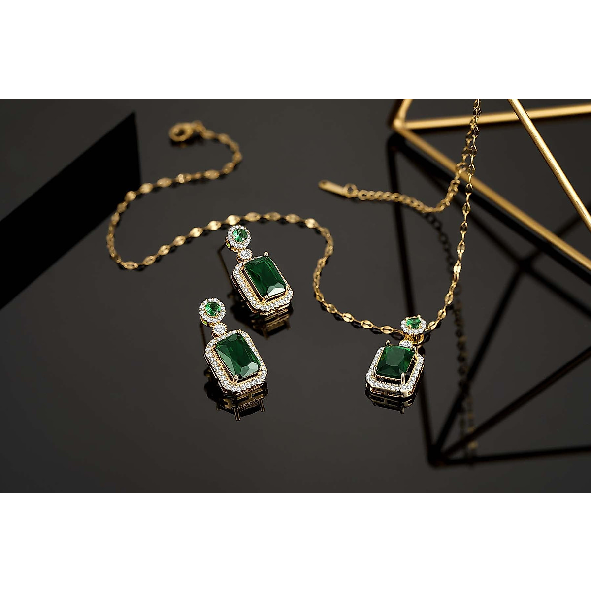 LYLYMIMI Emerald Jewelry for Women Green Stone Necklace Earrings Set Cute Necklaces with Crystal Dangle Earrings