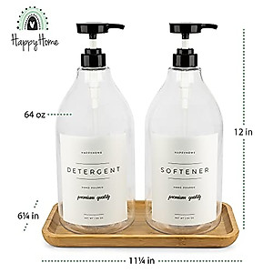 Liquid Laundry Detergent Dispenser for Laundry Room - 2 Decorative 64-Oz PET Plastic Containers with Water-Resistant Labels - Includes Pumps and Screw Caps, Collapsible Funnel, Extra Labels, Measuring Cup & Bamboo Tray