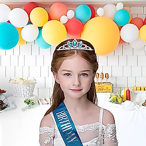 SuPoo Tiaras for Girls Birthday Crown Blue Birthday Girl Sash Princess Crown Birthday Girl Headband Crystal Birthday Tiara with Comb Crown for Girls Rhinestone Happy Birthday Accessories Gift Set