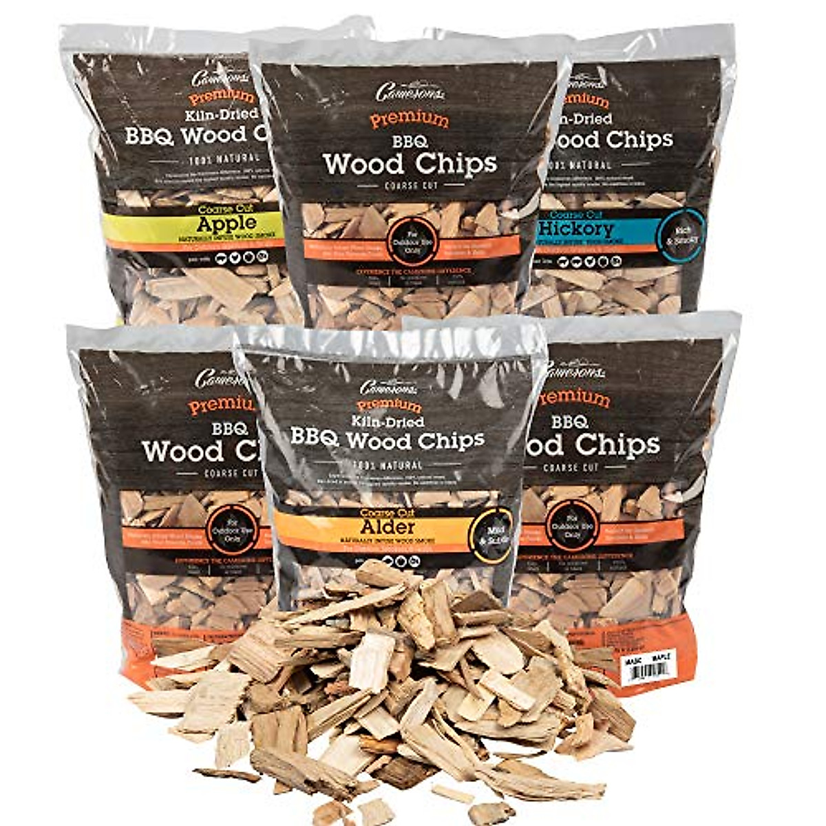 Camerons Products Wood Smoker Chips, 6 Pack ~ 2 lb. Bag, 260 cu. in. - Apple, Alder, Hickory, Cherry, Bourbon Soaked Oak, Pecan - 100% Natural, Fine Wood Smoking and Barbecue Chips