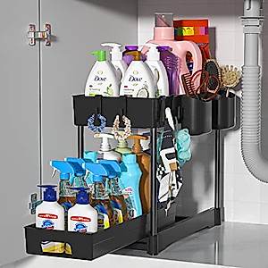 2 Tier Under The Sink Organizer,Bathroom Cabinet Organizer With Sliding Pull Out,Under Sink Organizers And Storage For Kitchen (Black,1 Pack）