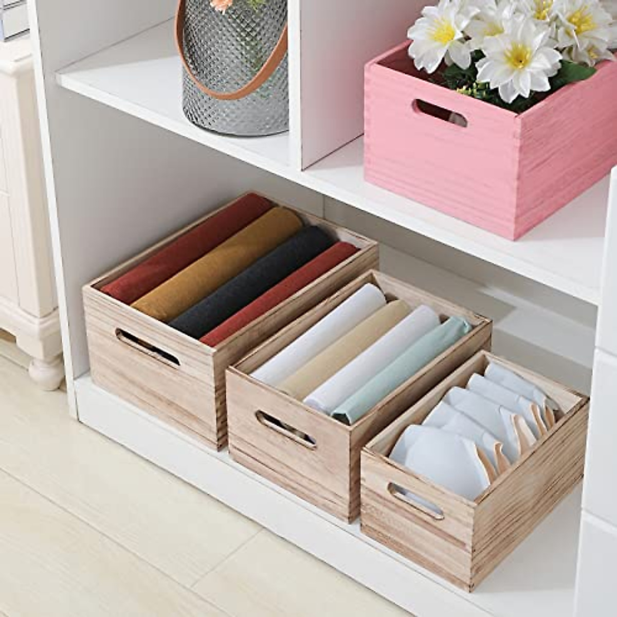 Farmhouse Antique Wood Crate, Nesting 3-piece set, Storage Box With Handles For Toys, Fruits, Vegetables And Bread For Parties, Bathrooms And Kitchens (Brown)