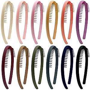 Duufin 12 Pieces Hair Headbands with Teeth - Non-Slip Plastic Comb Headbands for Girls and Women in 12 Colors