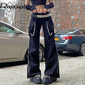 Biivrii Women High Waisted Gothic Cargo Pants Low Waist Wide Leg Flare Denim Trousers Baggy Jeans Fashion Y2K Streetwear