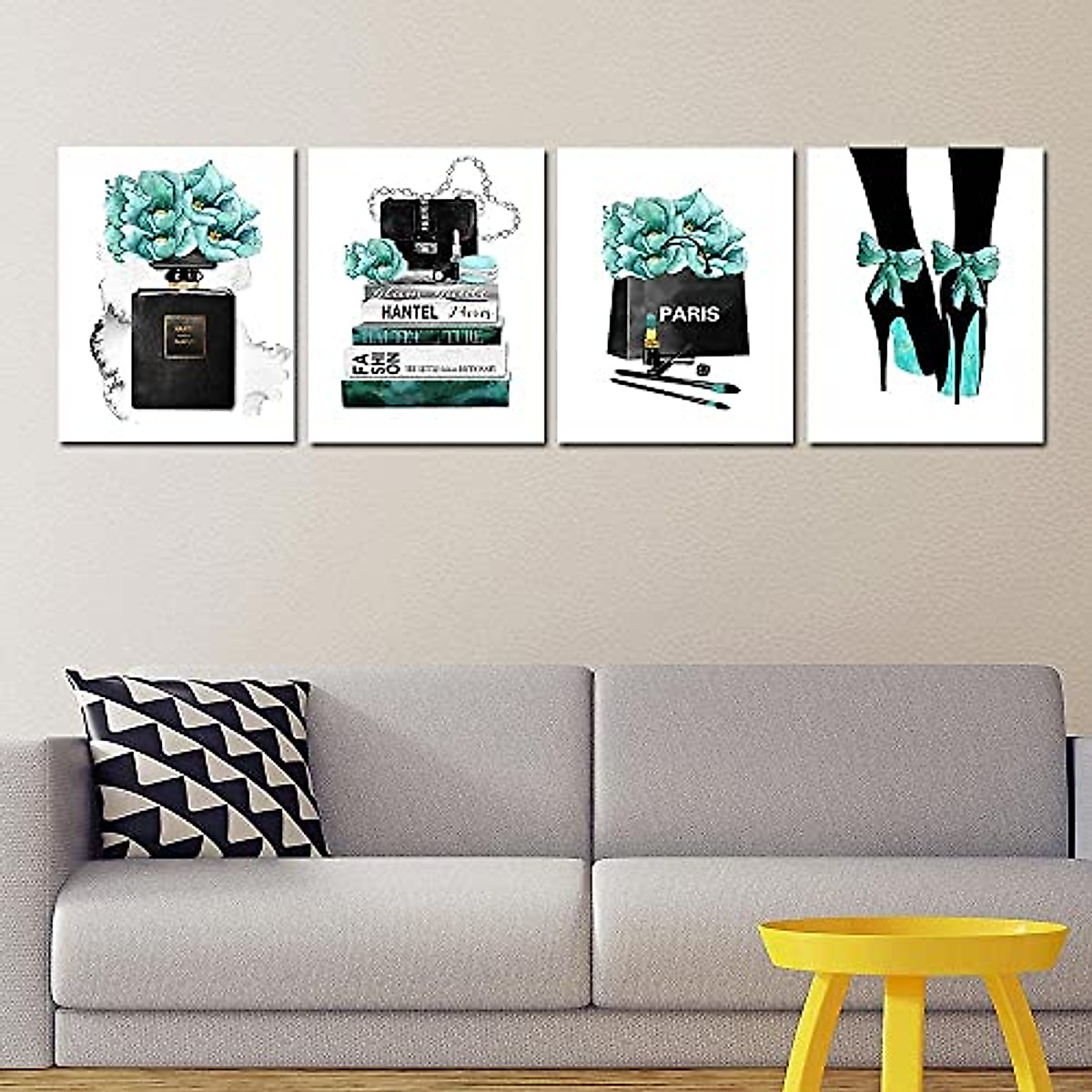YOWOCAL Fashion Woman Wall Art Canvas Print Poster,8"x12" perfume Handbags High Heels With Flowers Drawing Decor for Living Room Bedroom Girls Dorm Make Up Room(Set of 4,Unframe)
