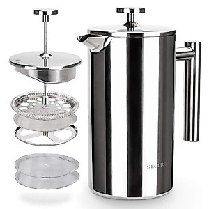 Secura French Press Coffee Maker, 304 Grade Stainless Steel Insulated Coffee Press with 2 Extra Screens, 34oz (1 Litre), Silver