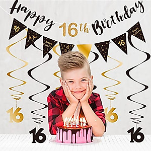 16th Birthday Decoration Kit, Happy 16th Birthday Banner Bunting Swirls Streamers, Triangle Flag Banner for Birthday Party Decorations Supplies Black and Gold 16th