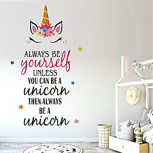Motivational Quotes Wall Stickers,Always be Yourself Unless You Can be a Unicorn Wall Decal for Girls Room,Uplifting Encouragement Gift for Girls,Inspirational Decorations Wallpaper Mural for Nursery