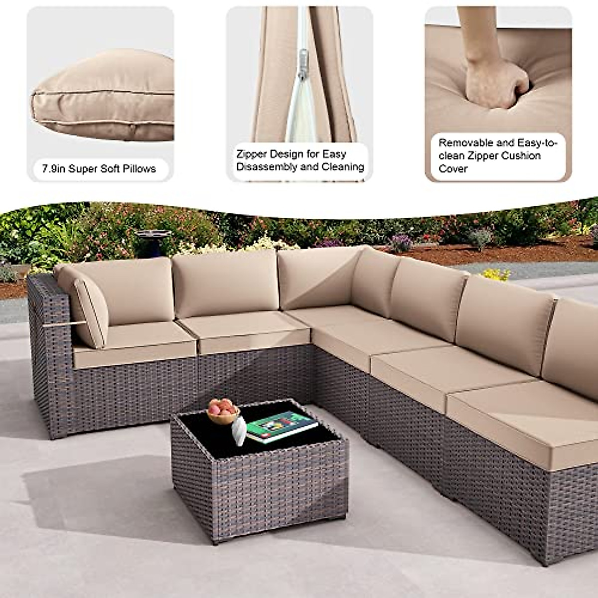 Piltwoff 7 Pieces Wicker Patio Conversation Sets,Modern Outdoor Sectional Furniture Patio Sets All-Weather for Backyard, Balcony(Brown)