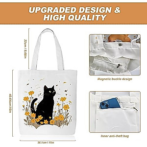KoovDem Cute Cat Canvas Tote Bag - Large Size 16x15 Inches Women Canvas Shopping Bag,Gifts For Cat Lovers,Reusable Grocery Bag,Teacher Bag,Beach Bag, Gift Bag(Black Cat)