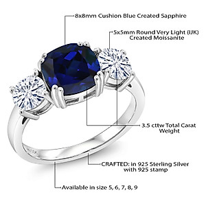 925 Sterling Silver Blue Created Sapphire and Forever Classic Moissanite From Charles & Colvard 3 Stone Engagement Ring For Women (3.50 Cttw, Gemstone September Birthstone, Cushion 8MM, Size 7)