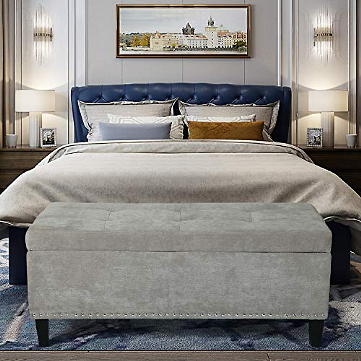 Homebeez Storage Ottoman Bench Tufted Foot Rest Stool with Nailhead Trim (Light Gray)