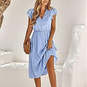 Sun Dress, Long Sleeve Tight Dress Spring Dresses for Women Casual Summer Dress Women's Solid Color V-Neck Ruffle Waist-Skimming Dress A Wedding Women's Maxi Dresses T Shirt Dress (L, Blue)
