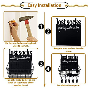 RISICULIS Lost Socks Basket, Laundry Room Decor and Accessories, Rustic Laundry Room Organization, Black Wooden Lost Socks Sign for House Decor, Missing Sock Basket with 5 pcs Clips