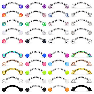 Dyknasz 40Pcs 16G Surgical Steel Daith Rook Earring 8mm 5/16" Curved Barbell Eyebrow Rings Belly Button Ring Piercing Jewelry for Women Men