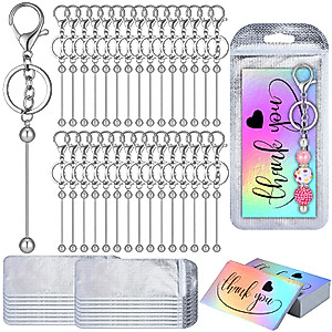 Sasylvia 30 Sets Beadable Keychain Kits Beaded Keychain Bars Resealable Pouch Bag Thank You Cards for DIY Crafts Jewelry Making