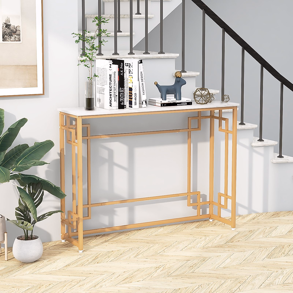 Giantex 43.5-Inch Console Tables for Entryway - Foyer Table with Adjustable Foot Pads, Golden Metal Frame, Faux Marble Top, Modern Long Sofa Table, Narrow Hallway Table for Living Room, Entry Table