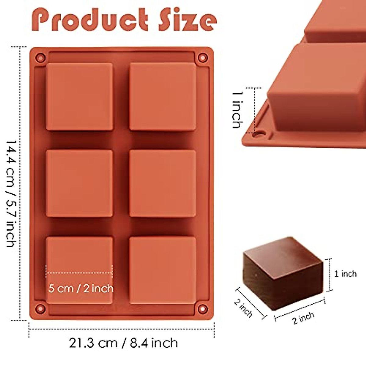 Ocmoiy 3Pcs Silicone Brownie Pan 2" x 2" x 1" Square Chocolate Baking Molds for Brownie Bites, Muffins, Fudges, Truffles, Keto Fat Bombs