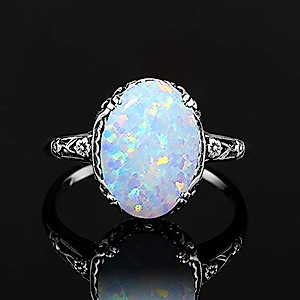 SZJINAO 6CT White Opal Ring Sterling Silver Rings For Women Floral Edwardian Antique Filigree Engagement Wedding Ring (Opal, 7)