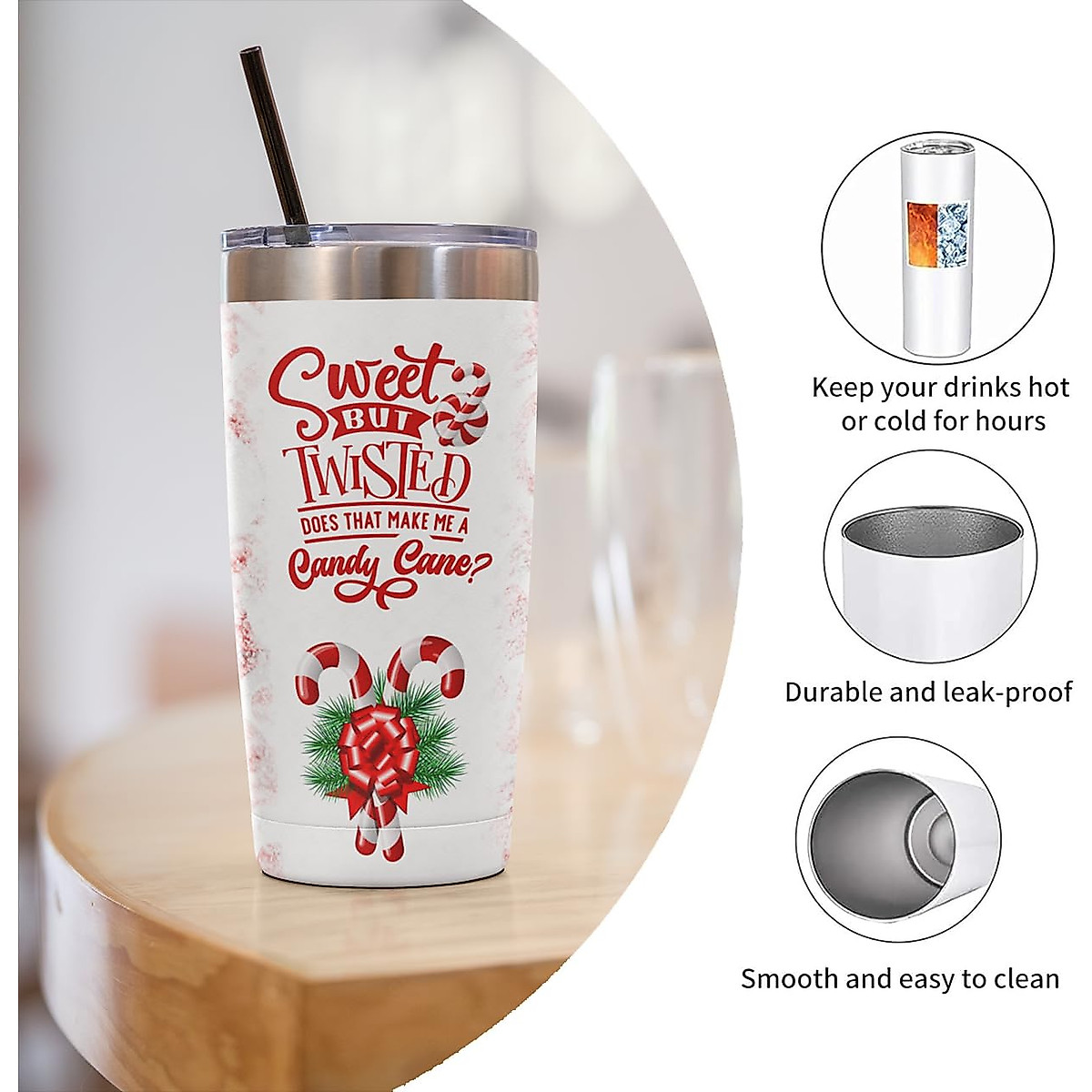 BESLKB Christmas Gifts for Women-20 oz Stainless Steel Insulated Travel Tumbler Coffee Mug Cup-Funny Christmas Gifts for Mom, Dad, Son, Daughter, Women, Men (Candy Cane)