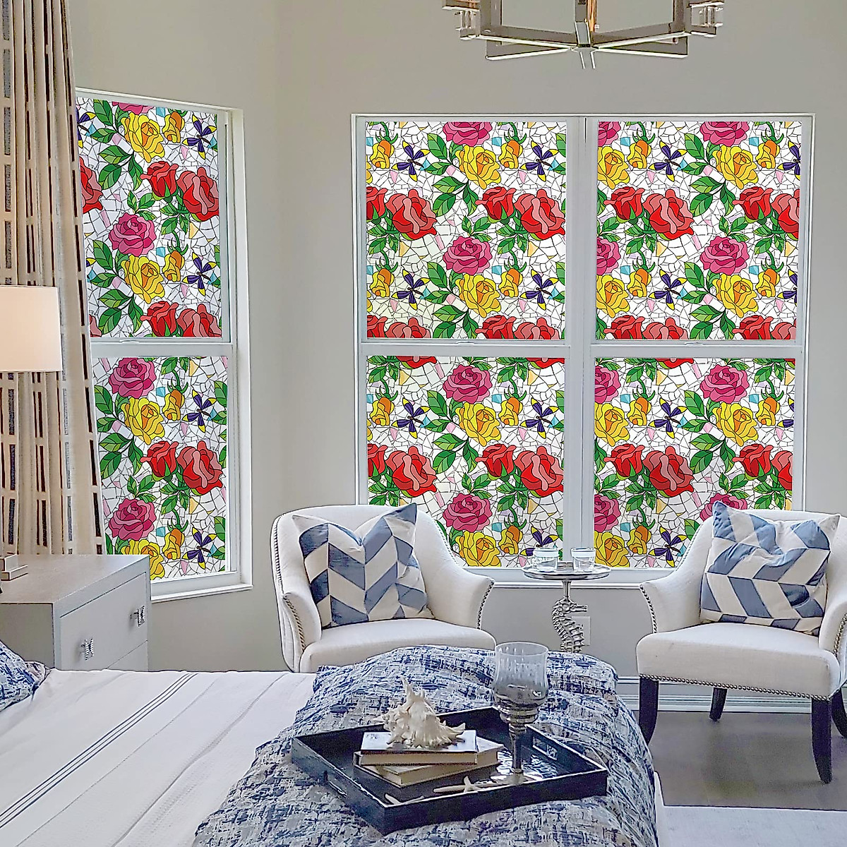 DKTIE Flower Series Stained Glass Window Film with Installation Kit, Decorative Window Privacy Film Sun Blocking Heat Control Static Cling Window Film Frosted Glass Film (A, 17.7 x 78.7 Inch)