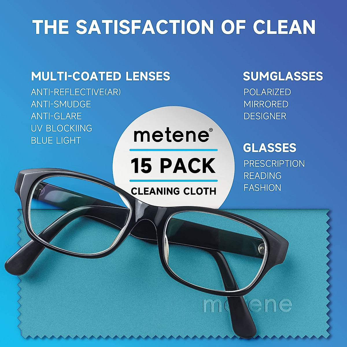 Metene 15 Pack Microfiber Cleaning Cloths (6"x7") in Individual Vinyl Pouches | Glasses Cleaning Cloth for Eyeglasses, Phone, Screens, Camera Lens and Other Delicate Surfaces Cleaner (Blue)