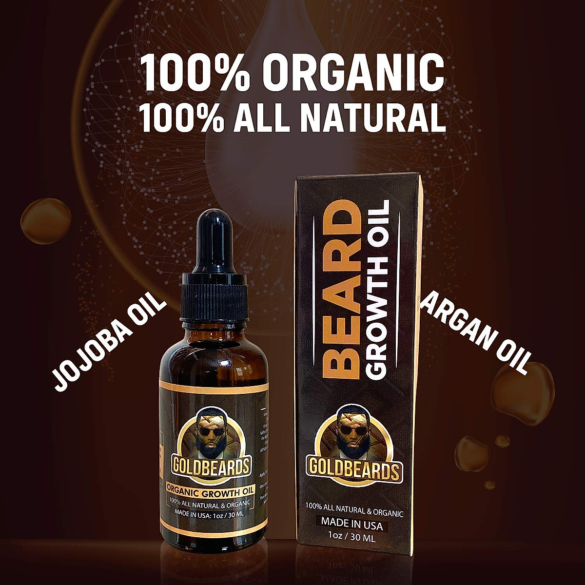 GOLDBEARDS GROWTH Beard Oil, 100% Pure Natural for Groomed Beards, Mustaches, & Moisturized Skin 1 Oz Infused with Argan, Jojoba, Avocado, Vitamin E, Biotin and Almond Oils