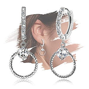 Sterling Silver Hoop Earrings with Drop Dangle for Women Hypoallergenic Twisted Earrings Huggie Hoop Earrings with Charms Trendy Cubic Zirconia Loop Earrings with Dangling Fashion Earring Gift for Her