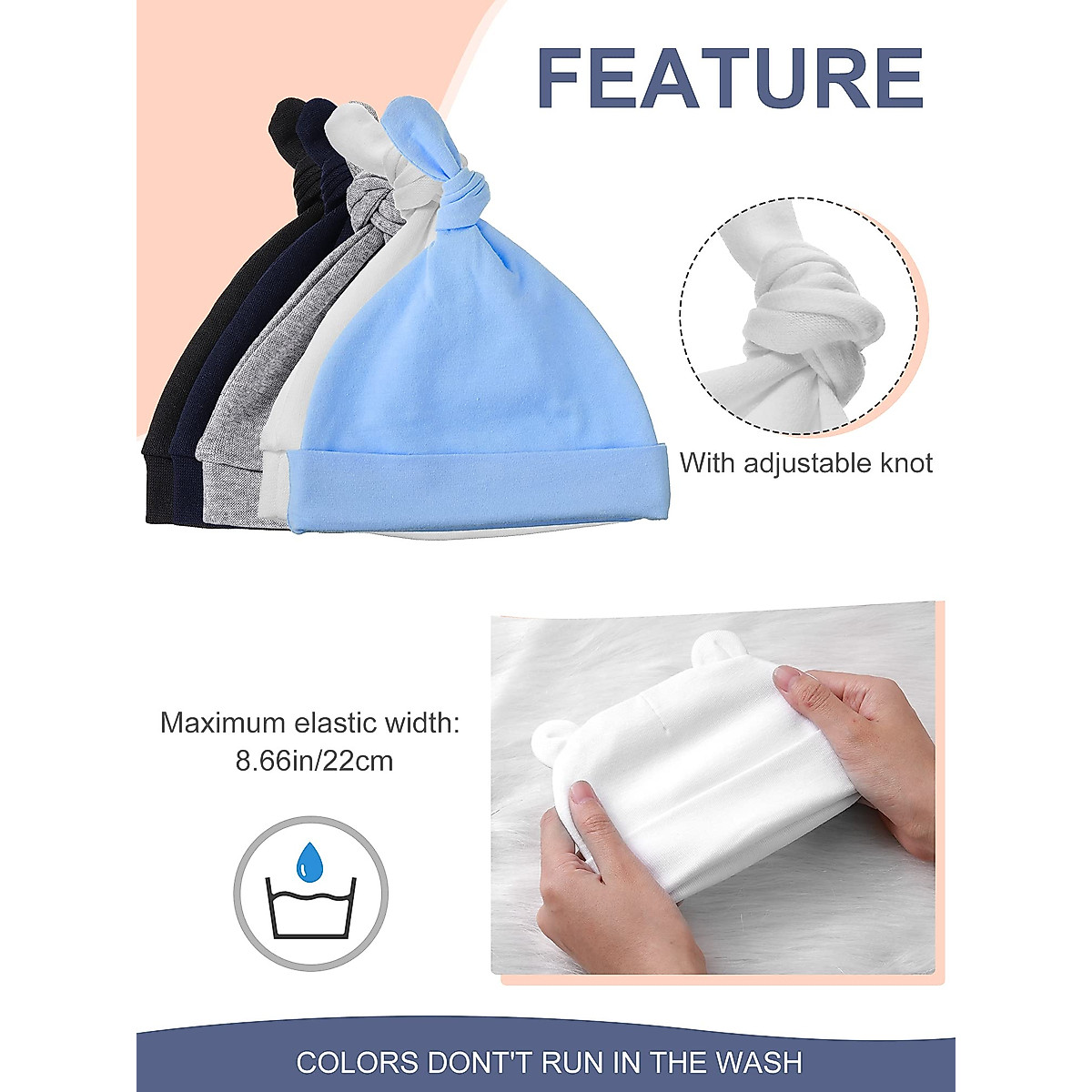 Baby Hats Newborn Knot Beanie No Scratch Mitten Non-Slip Sock for Boys and Girls (White, Gray, Black, Blue, Navy Blue,5 Sets)