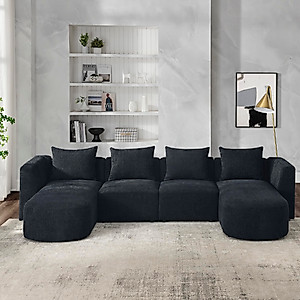 DEINPPA U Shape Modular Sectional Sofa, Minimalist Style Modular Couch, 4 Seat Cushion Couch with 4 Pillows for Living Room/Apartment, Bouclé Fabric, Black