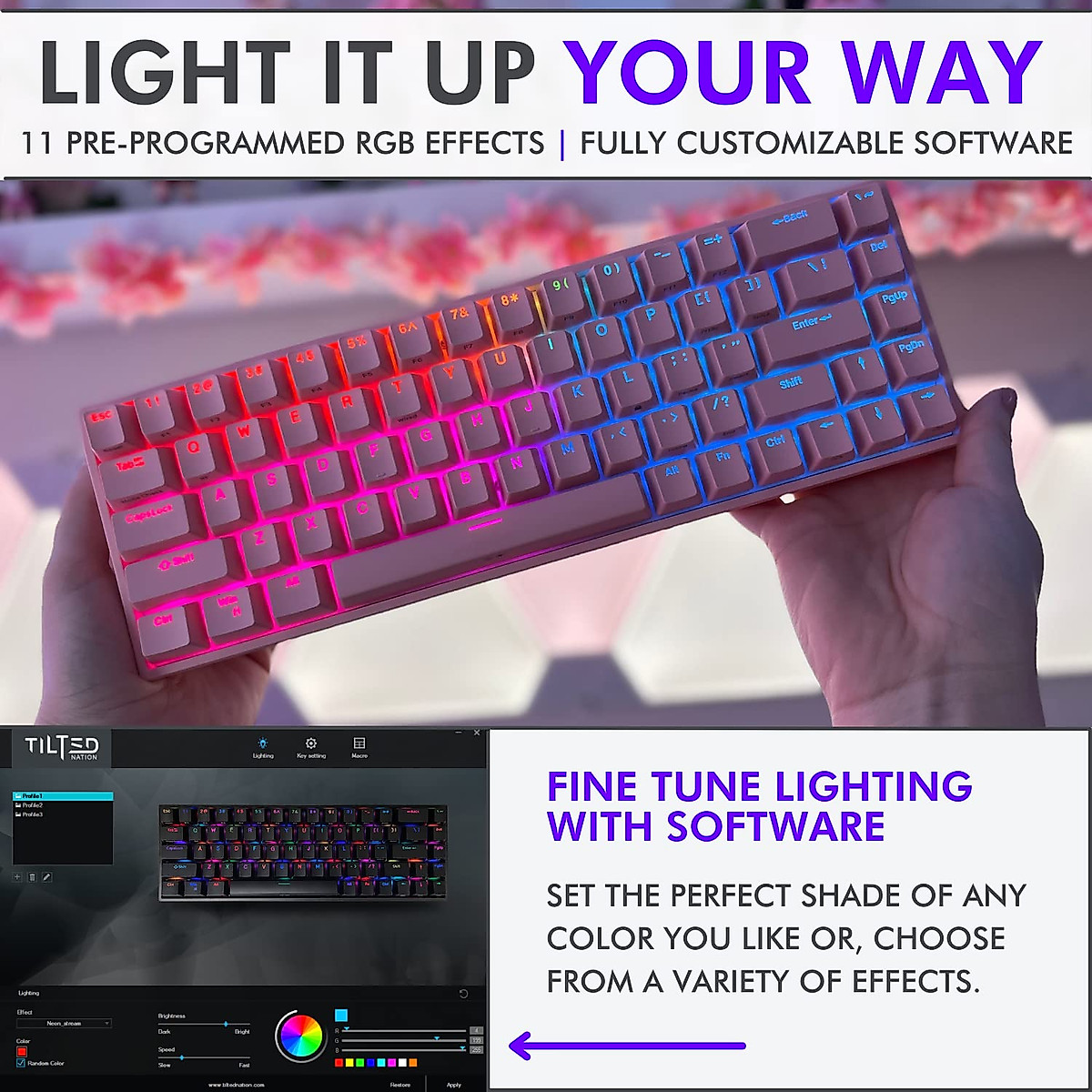 Tilted Nation 65% Percent Keyboard Pink - Compact Hot Swappable Mechanical Keyboard - Dual Wired or 2.4G Wireless RGB Gaming Keyboard - Rechargeable, 68 Key, Customizable RGB, Brown Switches